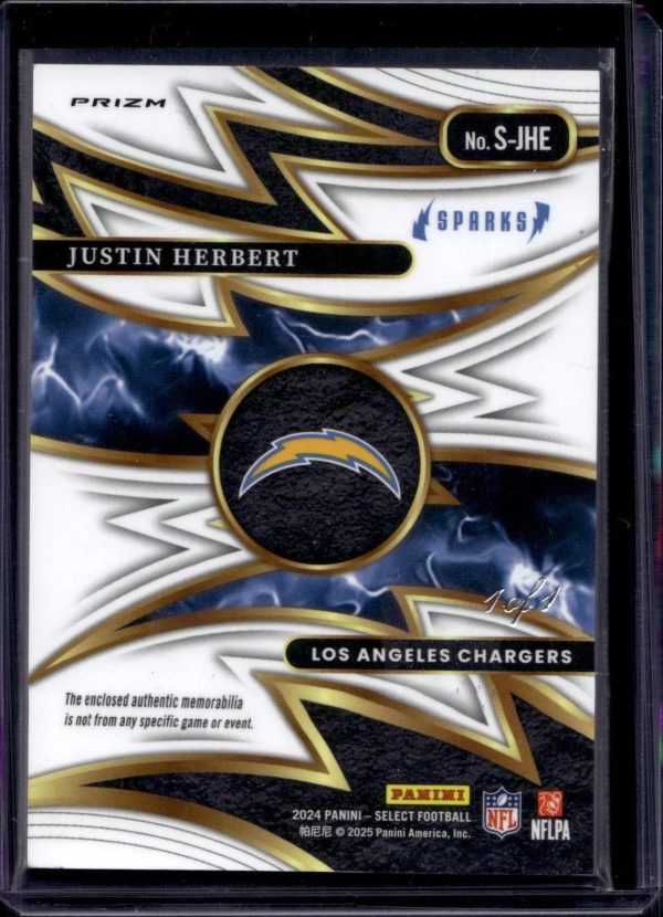 Justin Herbert 2024 Panini Select Sparks Black Laundry NFL Shield 1/1 ...