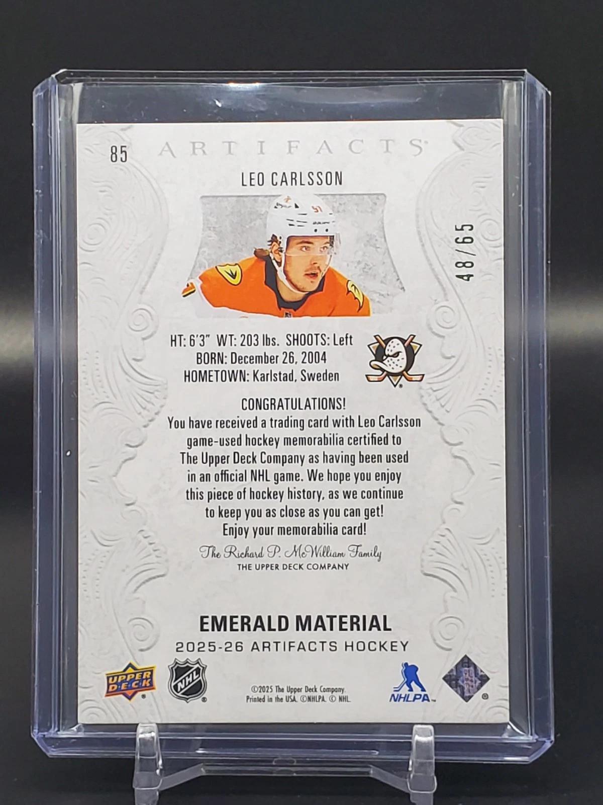 Leo Carlsson 2025-26 Upper Deck Artifacts Emerald Materials /65 Anaheim ...