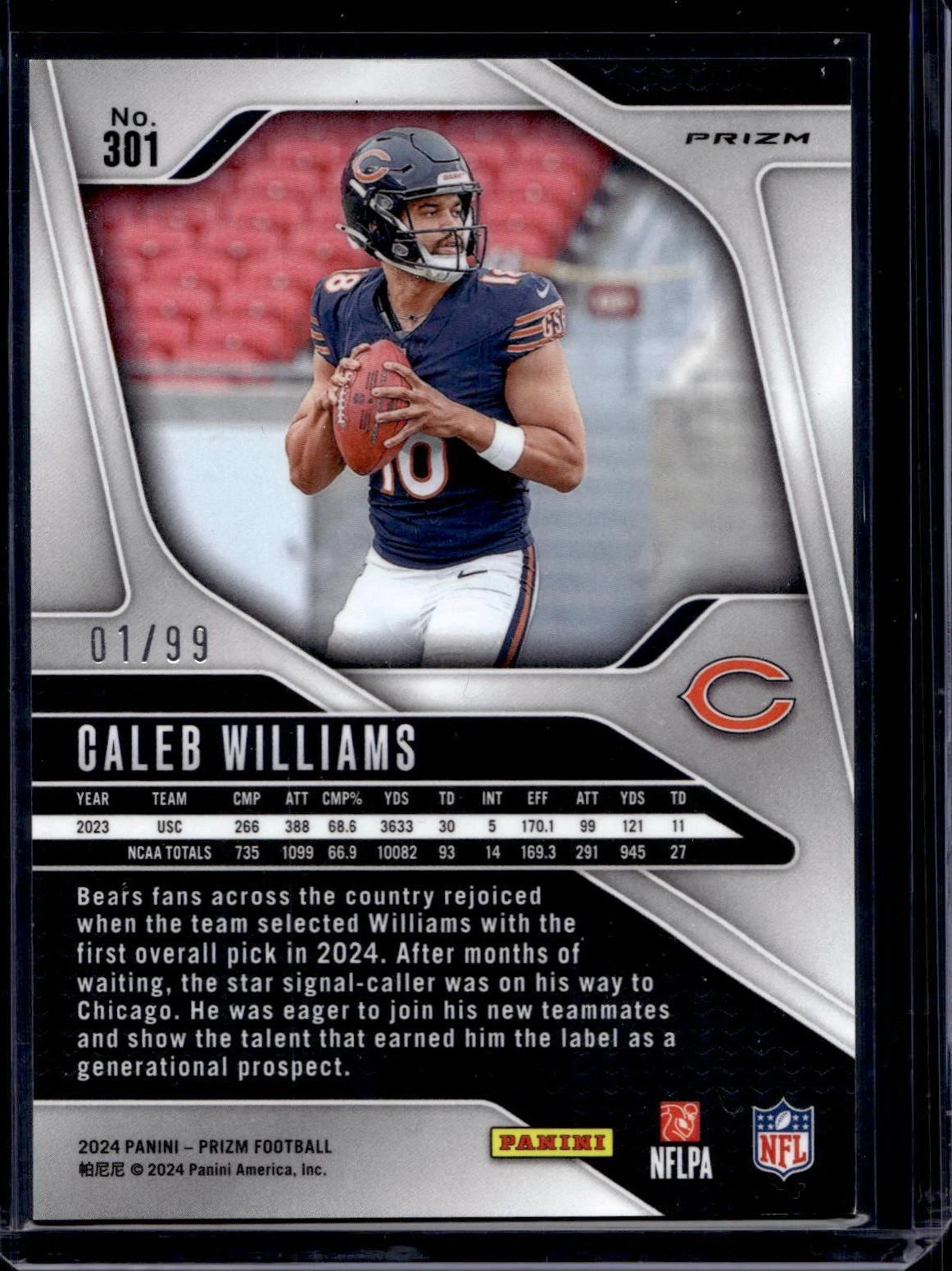 Caleb Williams 2024 Panini Prizm Purple Wave /99 Rookie Chicago Bears ...
