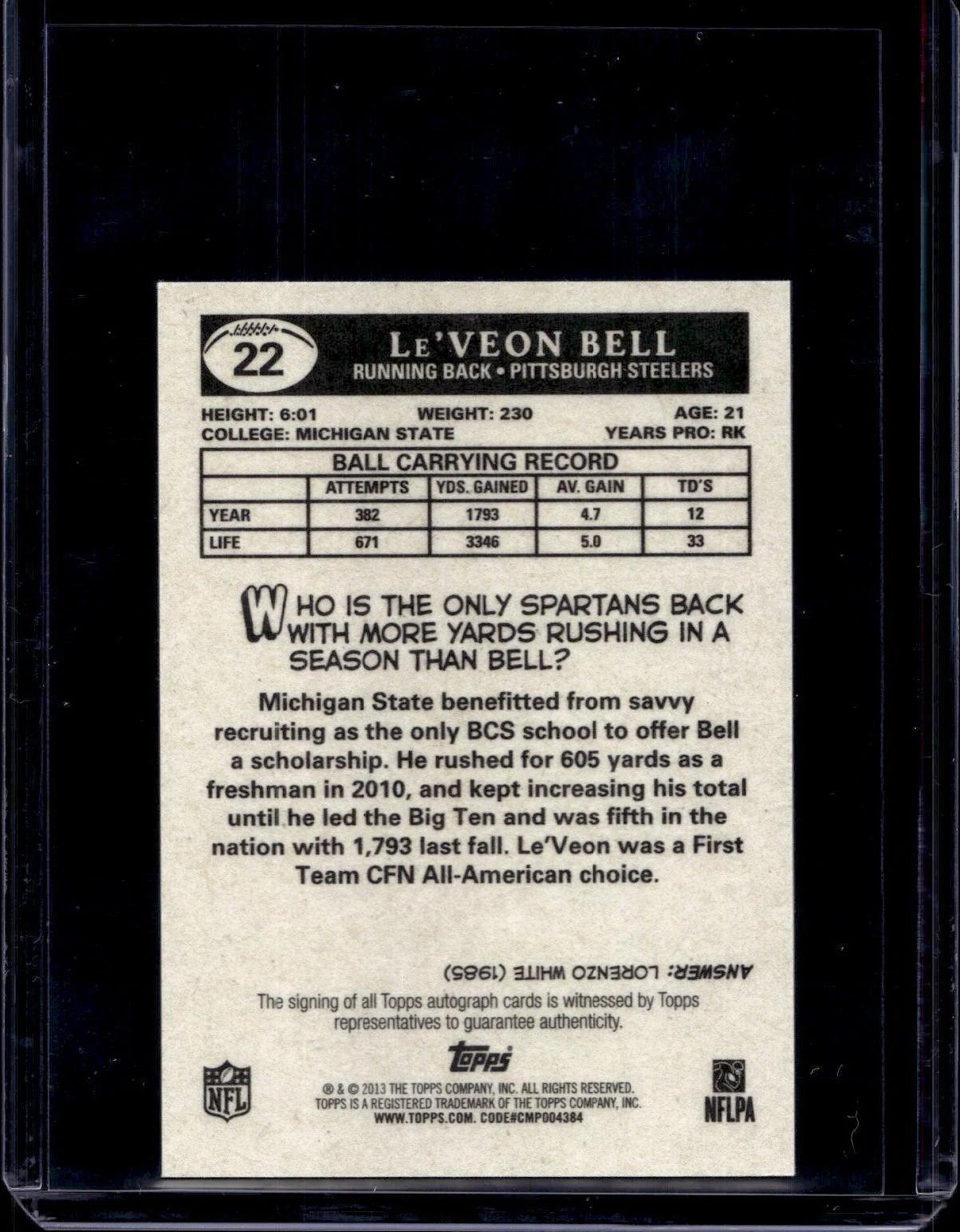 Le’Veon Bell 2013 Topps 1959 Rookie Auto Pittsburgh Steelers 22 ...