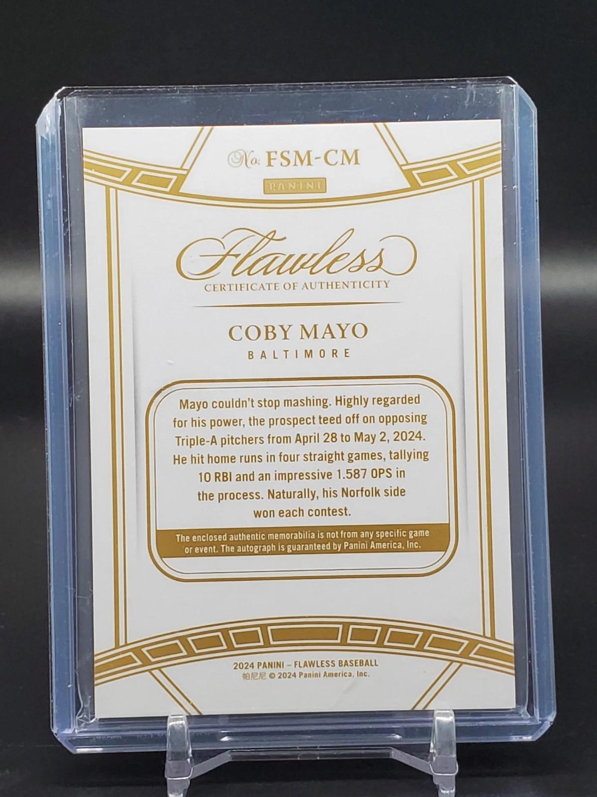 Coby Mayo 2024 Panini Flawless Patch Auto /25 RC Baltimore Orioles FSM ...