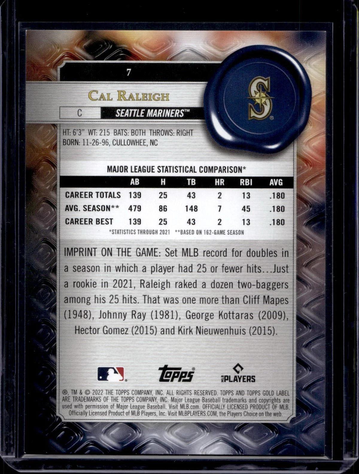 Cal Raleigh 2022 Topps Gold Label Class 3 Blue /50 RC Seattle Mariners ...