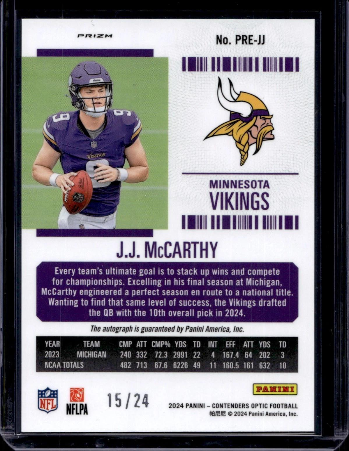 J.J. McCarthy 2024 Panini Zenith Contenders Optic Rookie Green Auto /24 ...